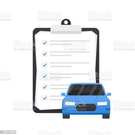 자동차 보험 보고서 플랫 만화 종이 계약 체크리스트 또는 신용 체크리스트는 우산 차량 금융 또는 법적 거래 아래 자동차 아이콘으로 승인되었습니다 보험 정책 개념입니다 벡터