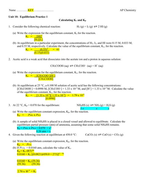 ap chemistry equilibrium practice problems
