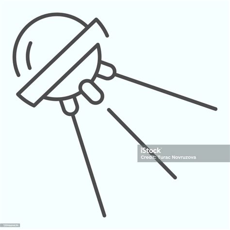 위성 가는 선 아이콘입니다 둥근 그림자가 있는 스푸트니크 1 우주 디자인 개념 흰색 배경에 윤곽 스타일 그림 웹 및 응용