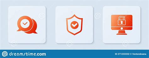 Set Shield With Check Mark Check In Speech Bubble And Lock On Monitor White Square Button