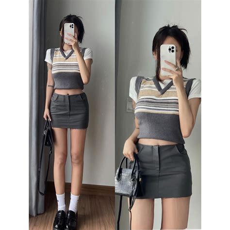 [ HÌnh ThẬt ] Áo Len Gile Chân Váy Mini Xám Shopee Việt Nam