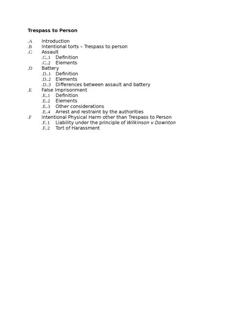 Trespass To Person Slideslaw Of Tort Lecture Notes Law Of Torts