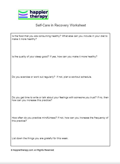 Self Care In Recovery Worksheet HappierTHERAPY