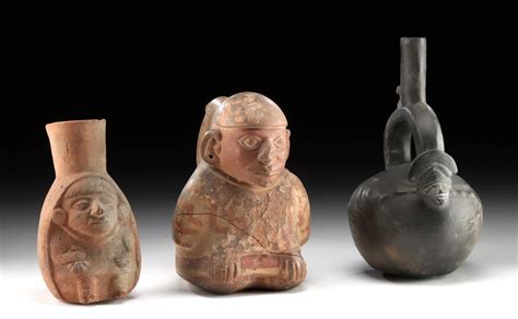 At Auction 2 Moche Pottery Figural Jars And 1 Chimu Stirrup Vessel