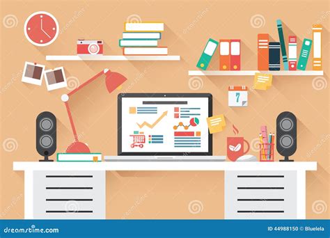 Home Office Desk Flat Design Long Shadow Work Desk Stock Vector Illustration Of Flat