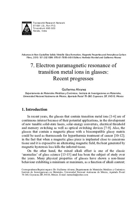 Pdf Electron Paramagnetic Resonance Of Transition Metal Ions In Glasses Recent Progresses