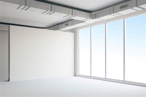 큰 창문과 전망이 있는 3d 빈 공간 내부 프리미엄 사진