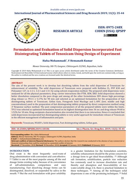 Pdf Formulation And Evaluation Of Solid Dispersion Incorporated Fast Disintegrating Tablets Of