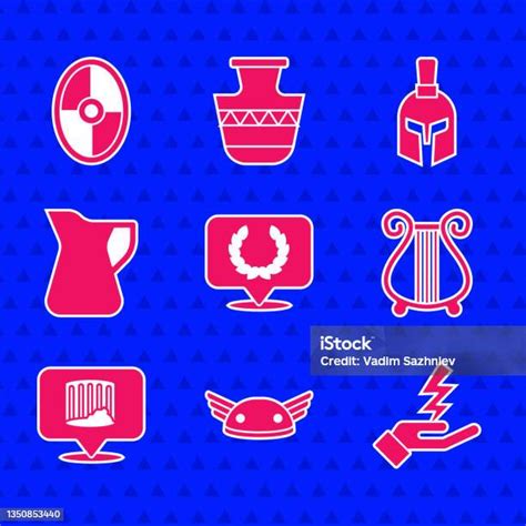 월계수 화환 날개가 있는 헬멧 제우스 고대 가사 기둥 올리브 오일 병 그리스 헬멧 및 방패 아이콘을 설정합니다 벡터 0명에 대한 스톡 벡터 아트 및 기타 이미지 Istock