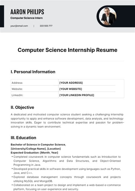 Free Computer Science Internship Resume Template To Edit Online
