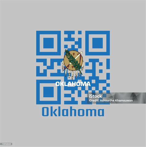 Qr 코드는 오클라호마 플래그의 색을 설정합니다 하늘색 분야에 7 개의 독수리 깃털으로 버팔로 피부 방패 0명에 대한 스톡 벡터