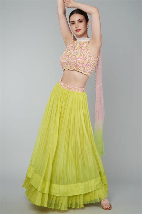 Buy Keith Gomes Yellow Georgette Sequin Embellished Crop Top Skirt Set