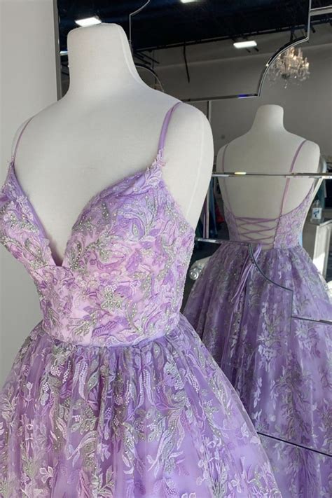 Gorgeous V Neck Thin Straps Purple Long Prom Dress V Neck Purple