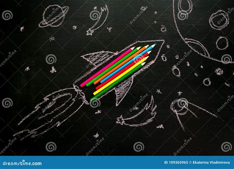 Creativity Learning Rocket Ship Launch Made With Pencils Stock