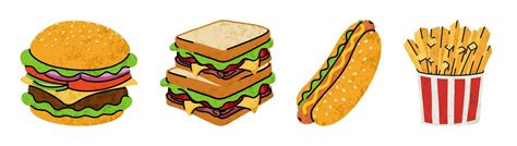 Fast Food Cartoon Icons Set Simple Flat Style Street High Calorie