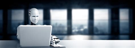 Premium Photo Mlp Robot Humanoid Use Laptop And Sit At Table In Future Office