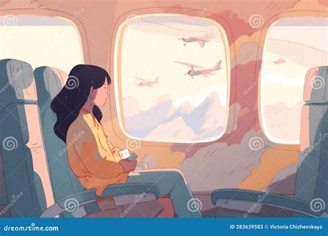 Woman Inside Character Transportation Flight Plane Seat Journey