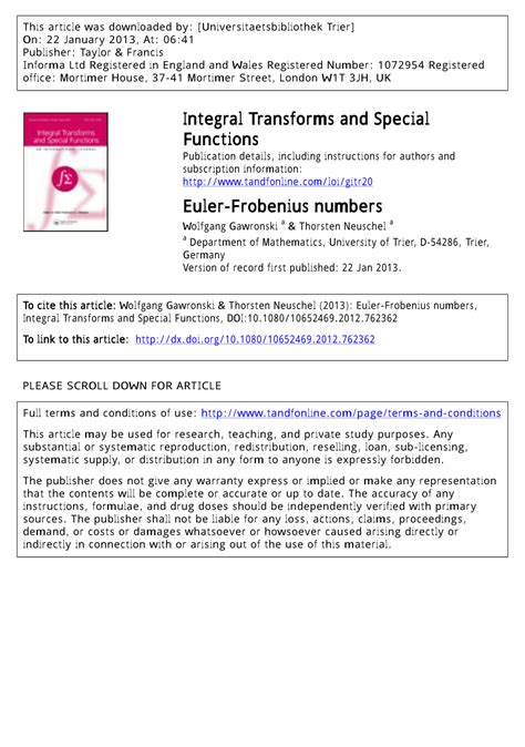 Pdf Euler Frobenius Numbers