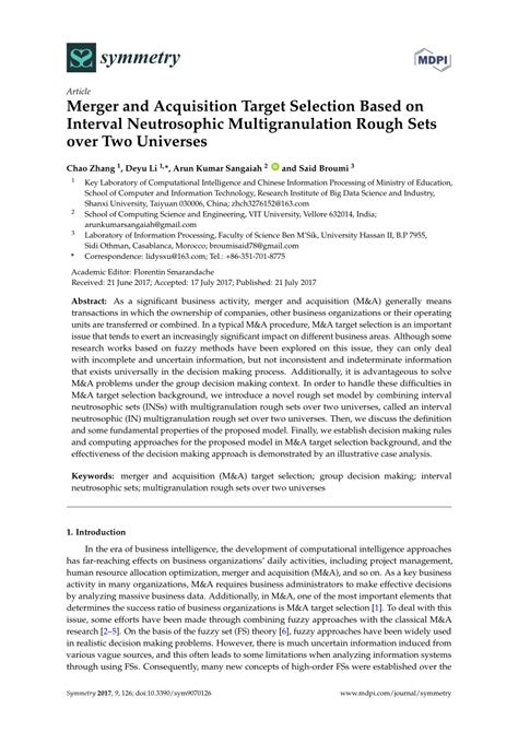 Pdf Merger And Acquisition Target Selection Based On Interval Neutrosophic Multigranulation