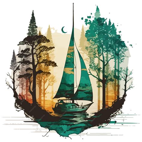 범선과 마을의 수채화 프리미엄 벡터