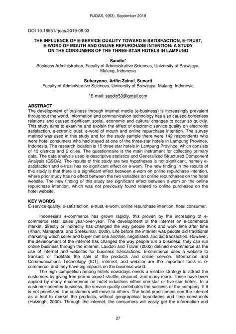 Pdf The Influence Of E Service Quality Toward E Satisfaction E Trust E Word Of Mouth And