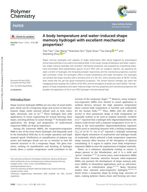 Pdf A Body Temperature And Water Induced Shape Memory Hydrogel With