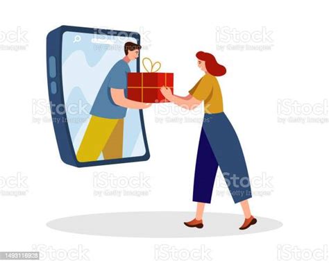 휴대 전화 근처에 서서 온라인 택배에서 소포를 받는 여성 온라인 쇼핑 고객에 대한 스톡 벡터 아트 및 기타 이미지 고객