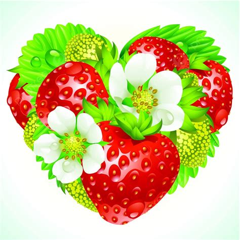 Strawberries In The Shape Of Heart Fresh Design Element Leaf Vector