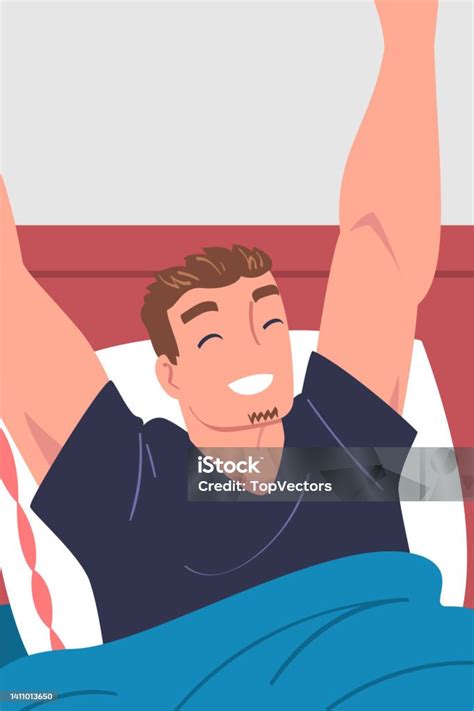아침에 일어날 준비가 된 침대에서 스트레칭하는 행복한 느낌으로 깨어나는 남자 캐릭터 벡터 일러스트 레이 션 가정 생활에 대한