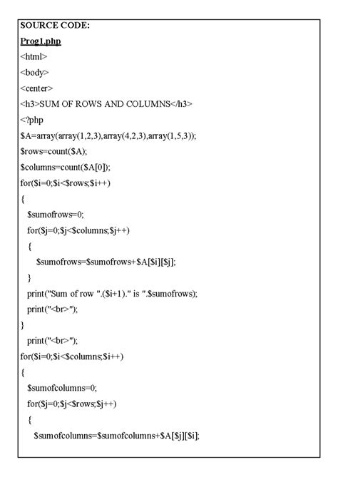 Php Programs SOURCE CODE Prog1 SUM OF ROWS AND Studocu