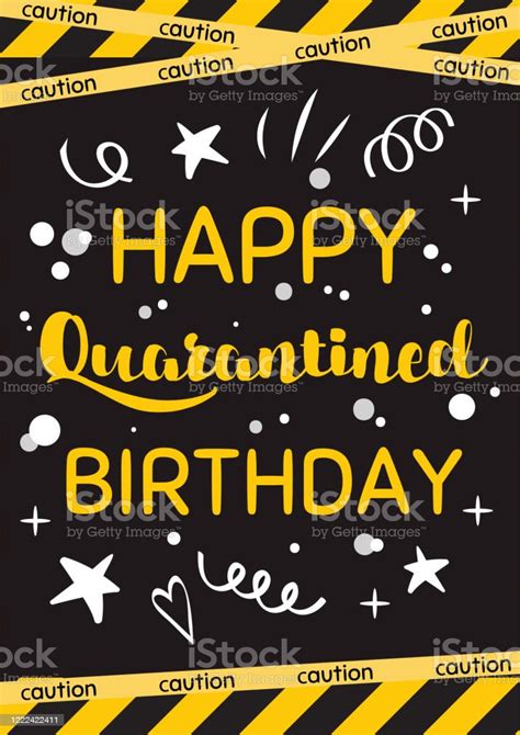 격리 생일 파티 초대 템플릿 노란색 검은 색 생일 카드 디자인입니다 홈 자기 격리 파티 배너 벡터 2020년에 대한 스톡 벡터