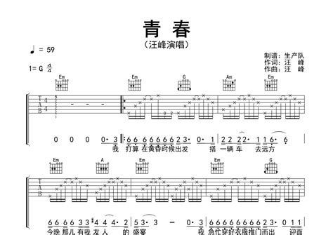 青春吉他谱汪峰g调弹唱六线谱生产队上传 吉他屋乐谱网