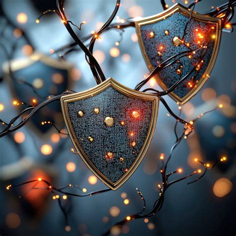 Low Poly 3d Render Of Complex Shields With Glowing Lights Symbolizing