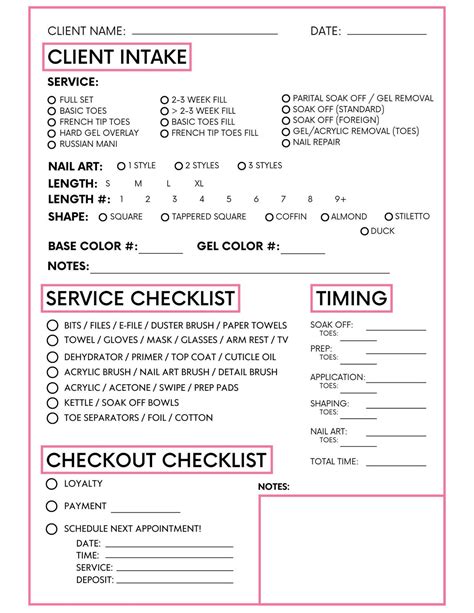 Nail Tech Client Record Intake Tracker Form Service Checklist Template Pdf Downloadable Nail