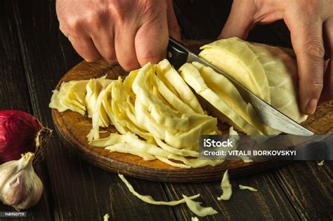 요리사는 신선한 양배추 샐러드를 만듭니다 식당 주방 보드에 칼로 썰기 야채 다이어트 아이디어 건강한 생활방식에 대한 스톡 사진 및 기타 이미지 Istock