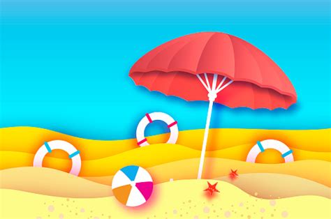 비치 우산종이 컷 스타일의 빨간 파라솔 구명 부 표를 가진 종이 접기 바다와 바닷가 비치 볼 게임 휴가 및 여행 개념입니다 고무에 대한 스톡 벡터 아트 및 기타 이미지