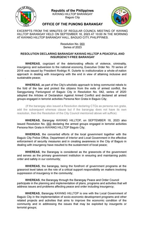 Sb Resolution Example Of Sanguniang Resolution Republic Of The