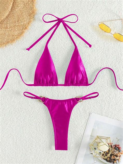 SHEIN Swim Summer Beach Women S Solid Color Simple Triangle Bralette