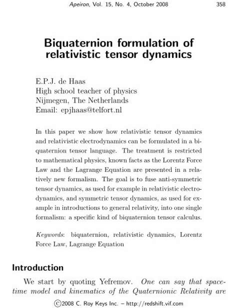 Pdf Biquaternion Formulation Of Relativistic Tensor Dynamicsredshift