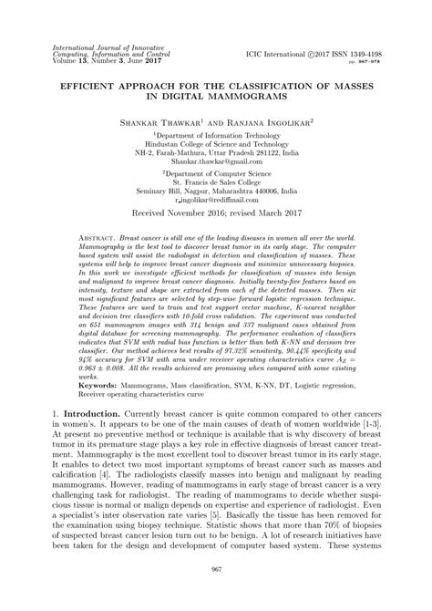 Pdf Efficient Approach For The Classification Of Masses In Digital