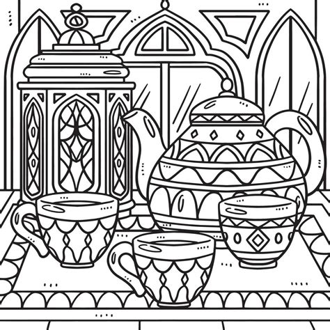 Desenho De Lanterna Do Ramadã E Conjunto De Chá Para Colorir Para