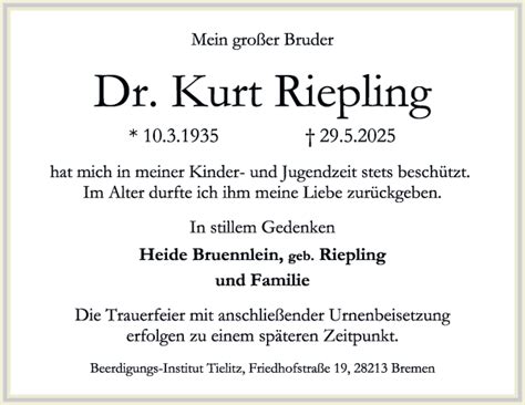 Traueranzeigen Von Kurt Riepling Trauer And Gedenken
