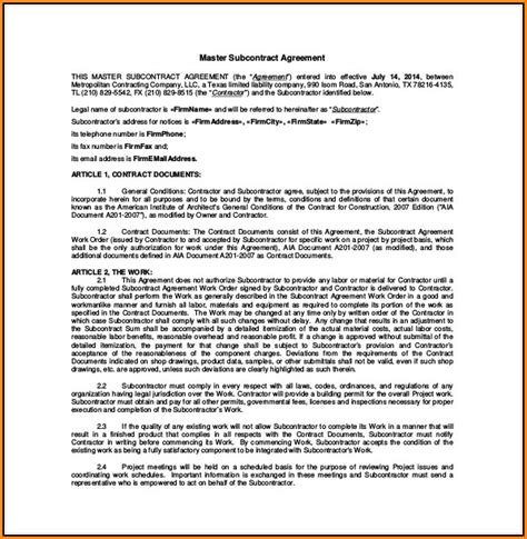 Master Subcontract Agreement Template Template 2 Resume Examples A19xope24k