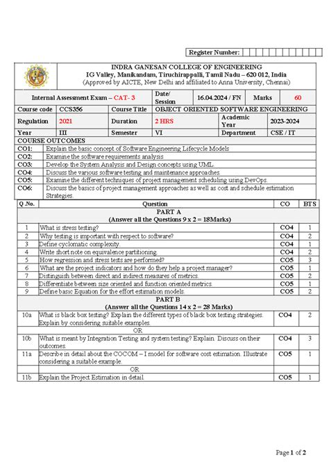 Oose Cat 3 Set A Register Number INDRA GANESAN COLLEGE OF