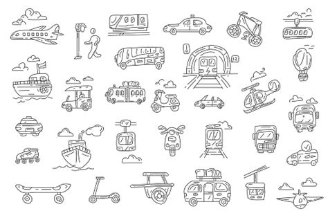 흰색 배경에 배열된 버스 기차 비행기 자전거 선박 등 다양한 대중 교통 수단 및 차량을 묘사한 손으로 그린 낙서 아이콘 모음입니다 아이콘에 대한 스톡 벡터 아트 및 기타