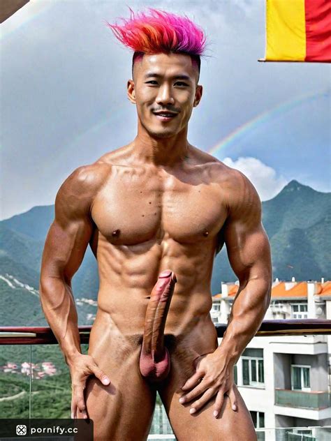 Hot Chinese Brunette Guy Posing On The Balcony In A Bikini Line Muscular Body Smiling Face