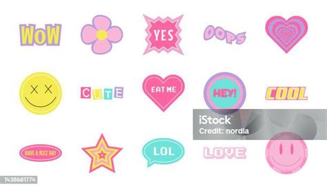 트렌디 한 스티커 세트 Y2k 컬렉션 귀여운 패치 벡터 디자인 90 년대 및 2000 년대 스타일 2000년에 대한 스톡 벡터