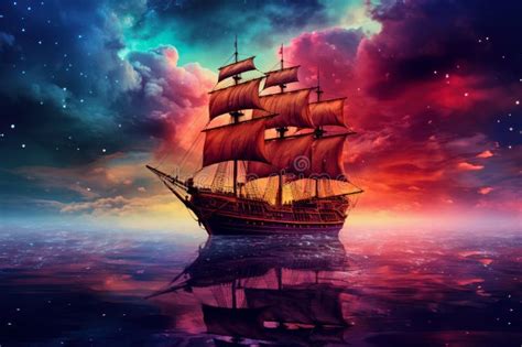 Fantasy Illustration Of Pirate Ship In The Ocean In The Background
