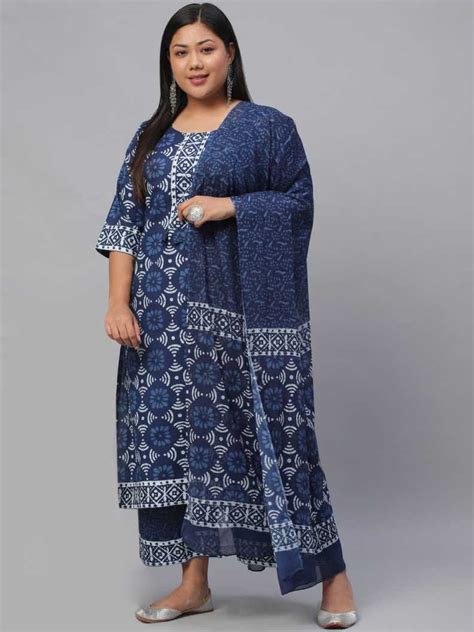 Plus Size Kurta Palazzo Dupatta Set Women Blue Cotton Printed Etsy