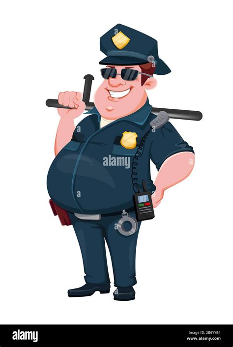 Police Officer With Rubber Baton Funny Cartoon Character Vector